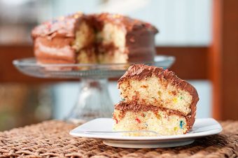 Yellow Confetti Cake with Chocolate Frosting | Buns In My Oven
