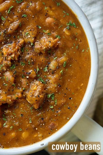Cowboy Beans - a hearty bean recipe from Buns In My Oen